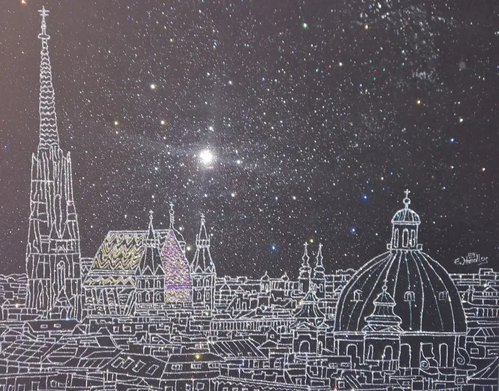 Original Painting by Handlos Erich Sternenhimmel über Wien, 100x80 cm